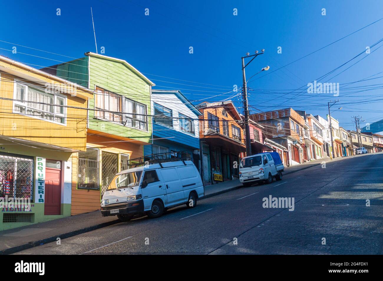 CASTRO, CHILE - MARCH 22, 2015: Steep street in Castro, Chiloe island ...