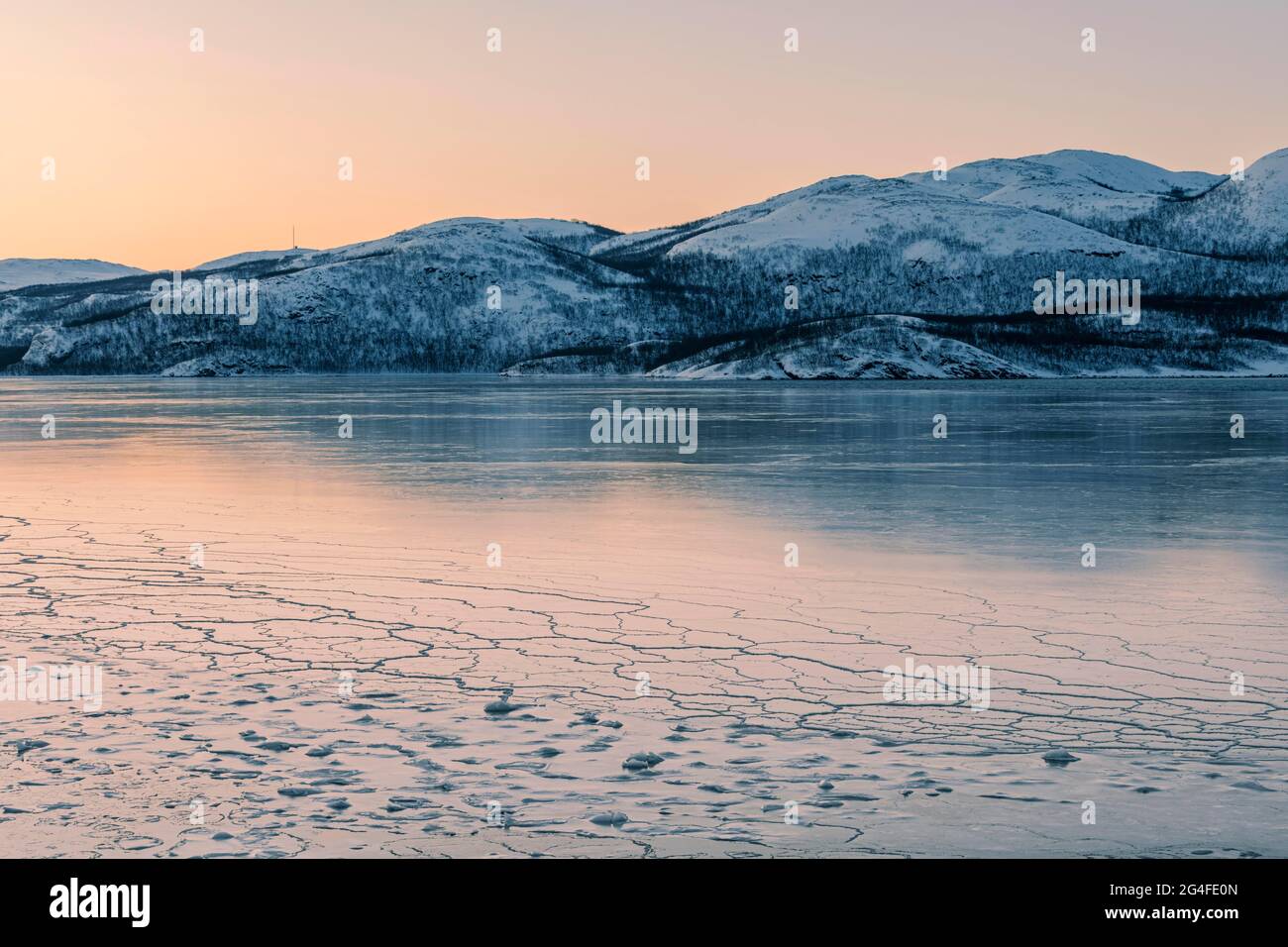 Winter landscape, frozen fjord, Laksefjord, Lebesby, Norway Stock Photo ...
