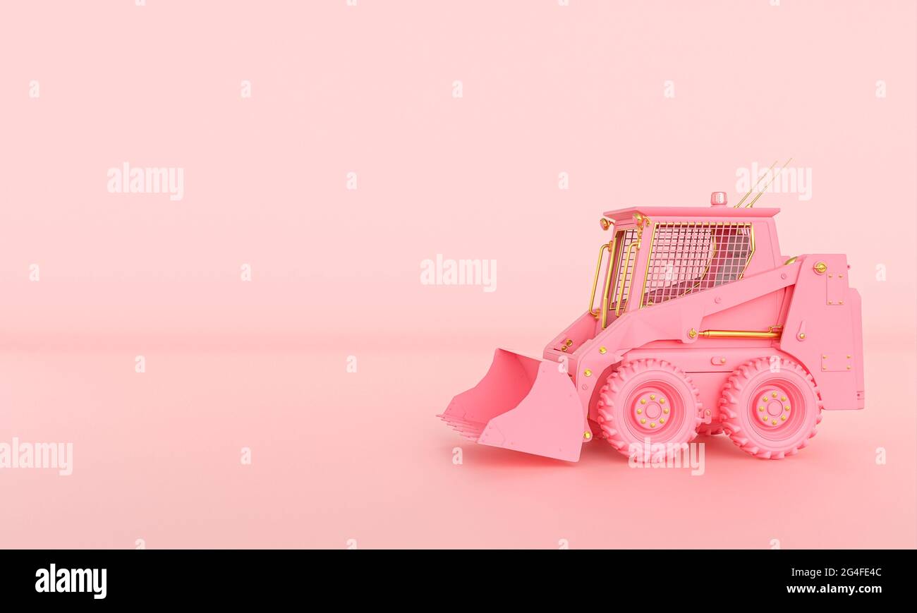 small pink and gold bulldozer on a pink background. 3d render Stock ...