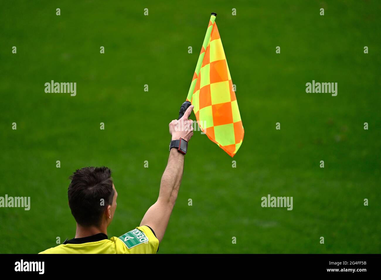Linesman indicates offside position with flag, PreZero Arena, Sinsheim ...