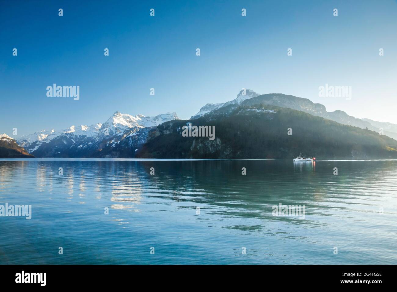 View from Brunnen on a boat on the Lake of Uri in front of the mountain ...
