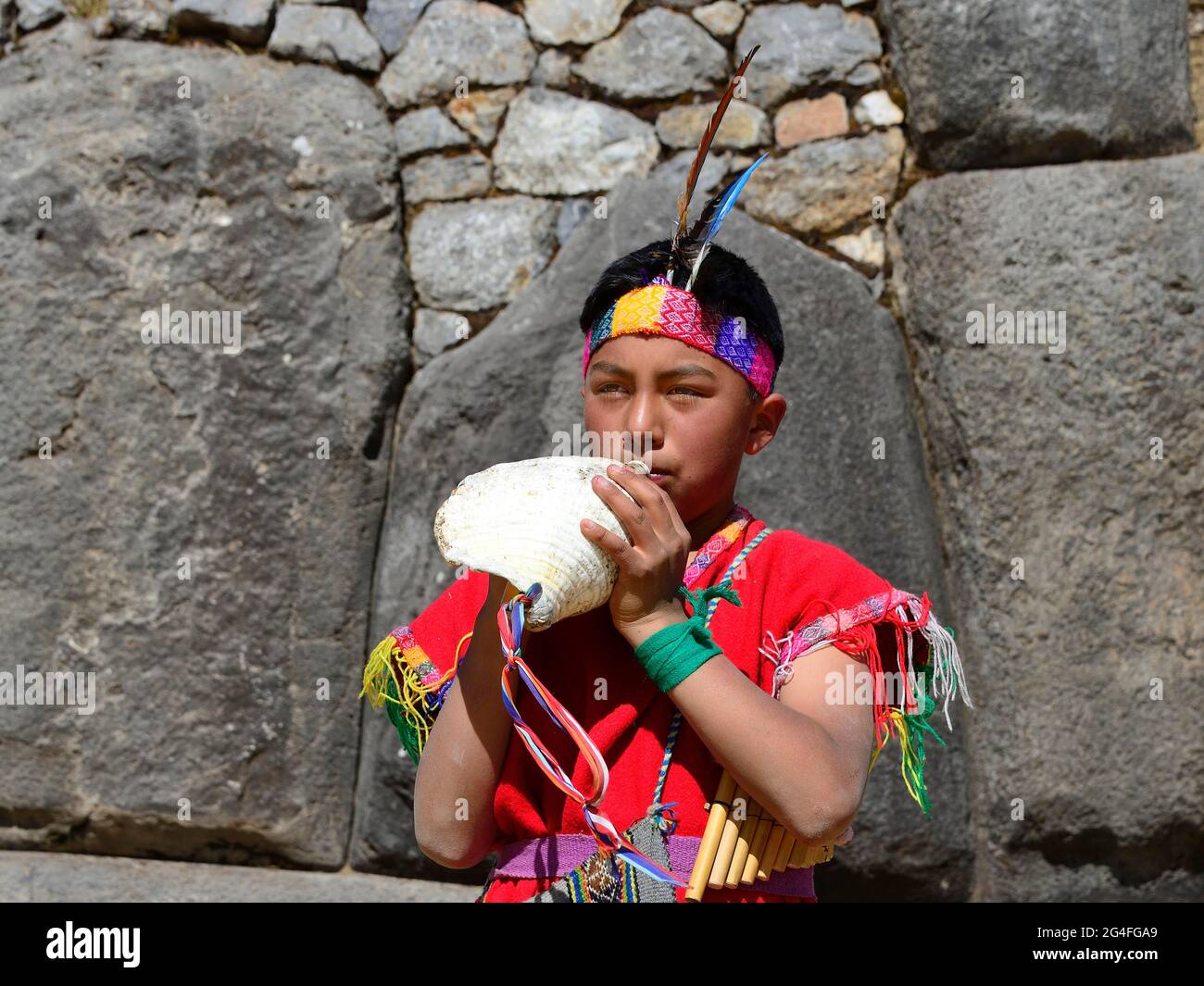 Inti Raymi, festival of the sun, young indigenous man blowing the conch ...