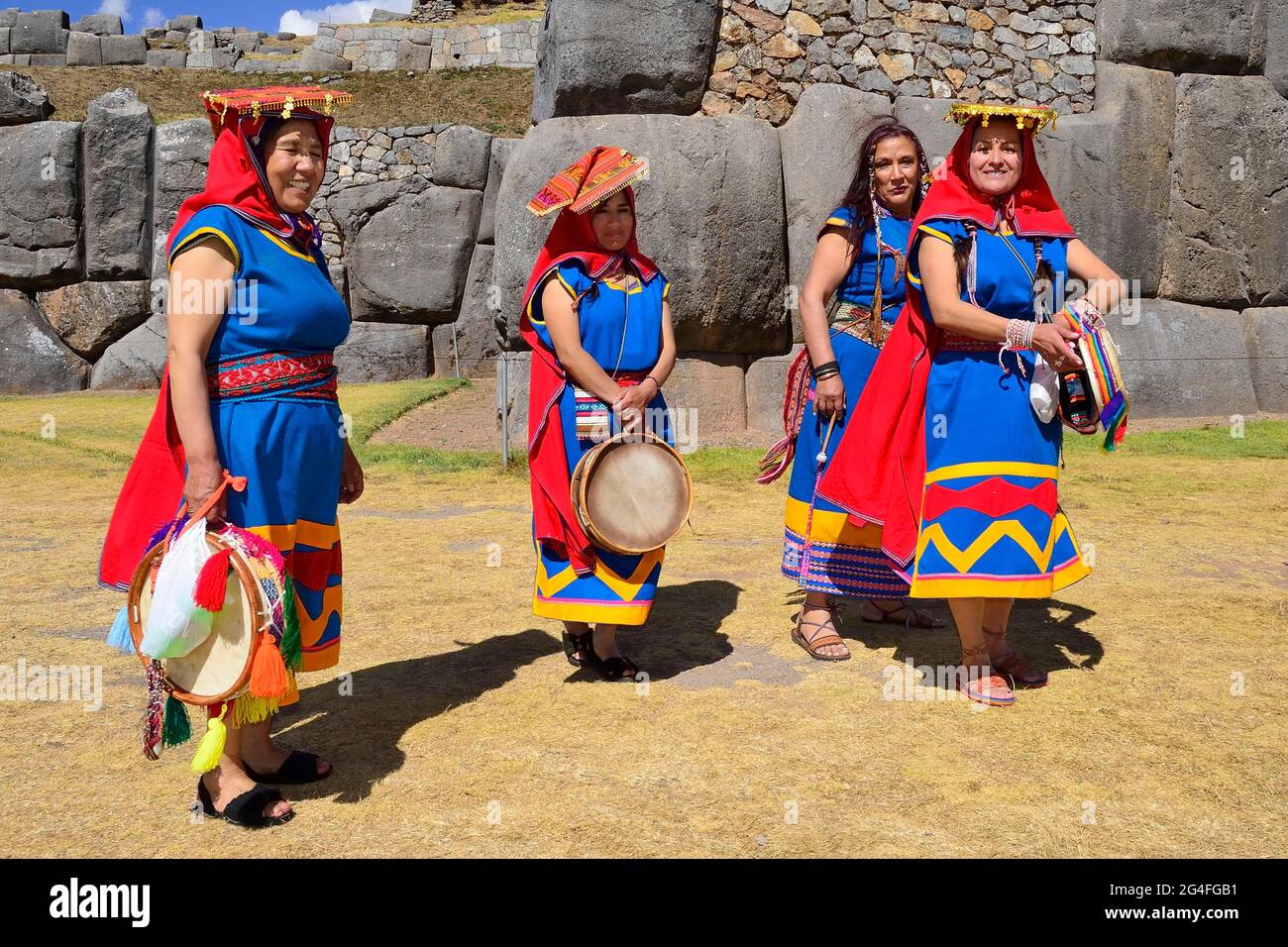 Inti Raymi, festival of the sun, performers in costumes at the fortress ...