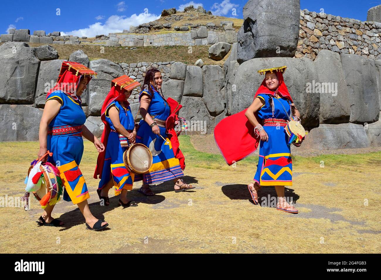 Inti Raymi, festival of the sun, performers in costumes at the fortress ...