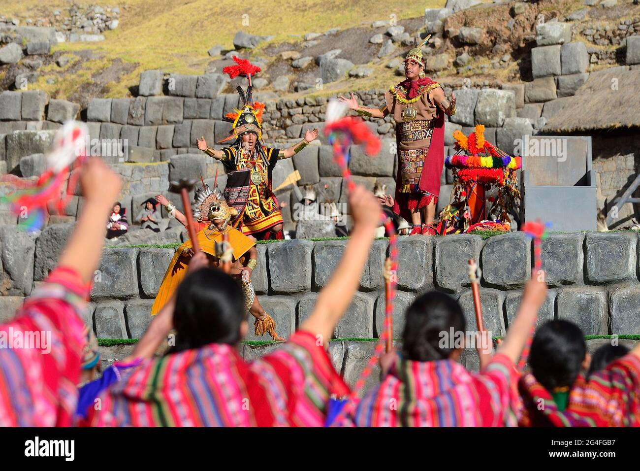 Inti Raymi, festival of the sun, dance group in front of the sanctuary ...