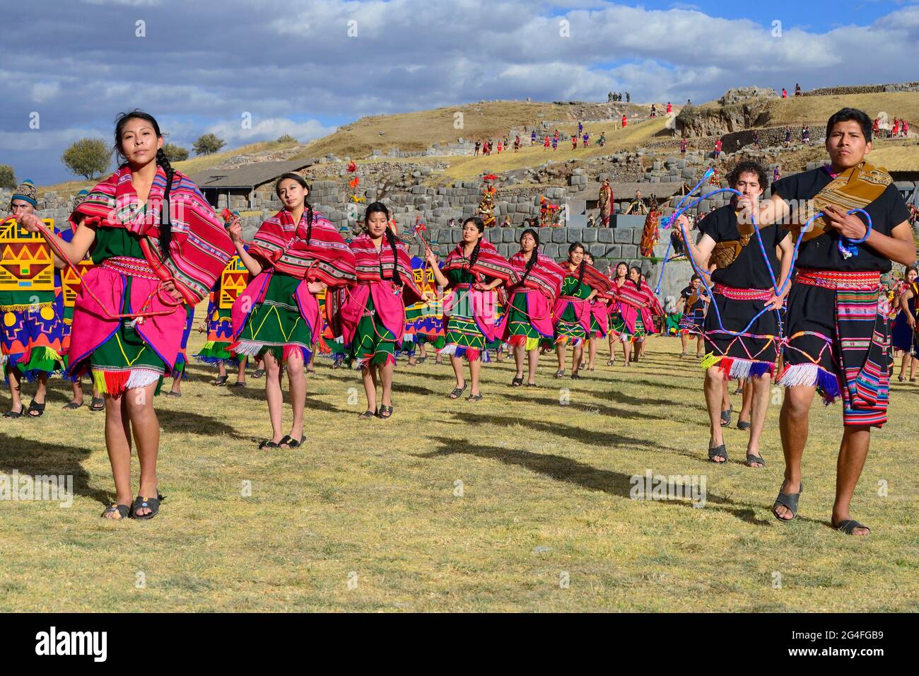 Inti Raymi, festival of the sun, dance group in front of the sanctuary ...