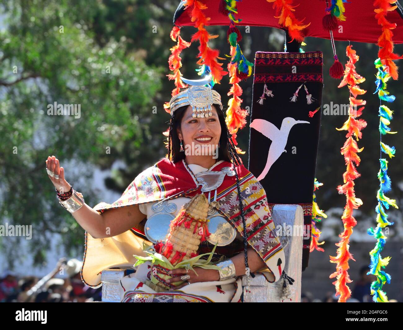 Inti Raymi, festival of the sun, Inca ruler in the palanquin at the ...