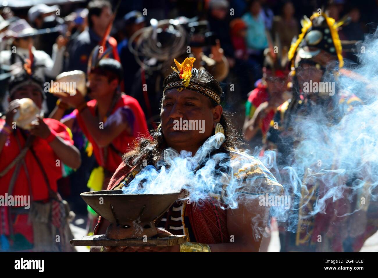 Inti Raymi, festival of the sun, Inca priest with smoking bowl at the ...