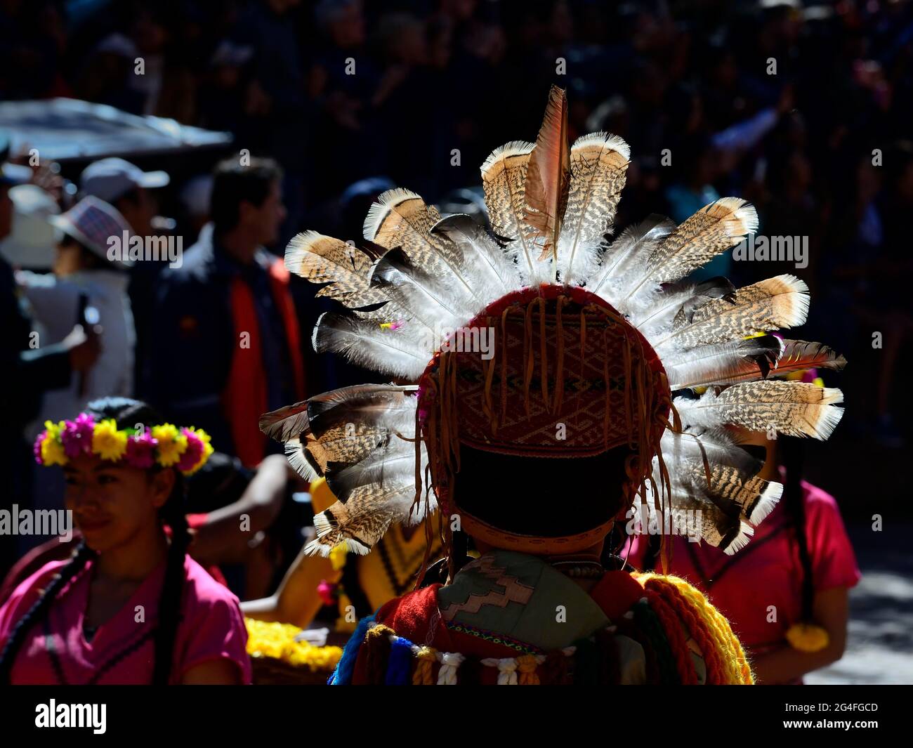 Inti Raymi, festival of the sun, Inca priest with feather crown during ...