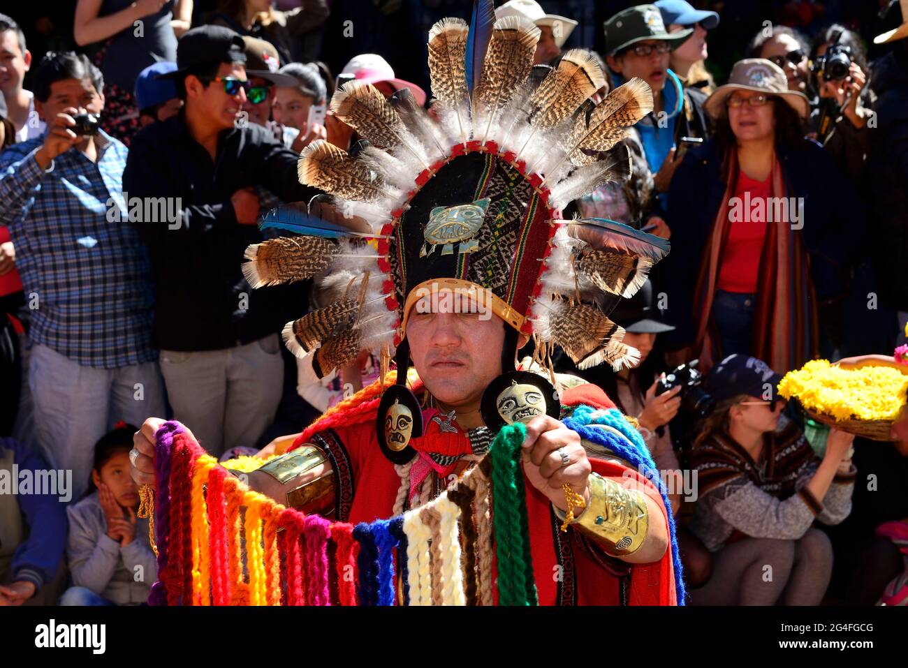 Inti Raymi, festival of the sun, Inca priest with feather crown during ...