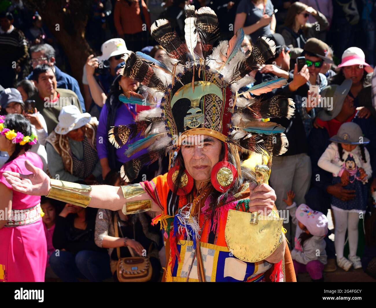 Inti Raymi, festival of the sun, Inca priest with feather crown during ...