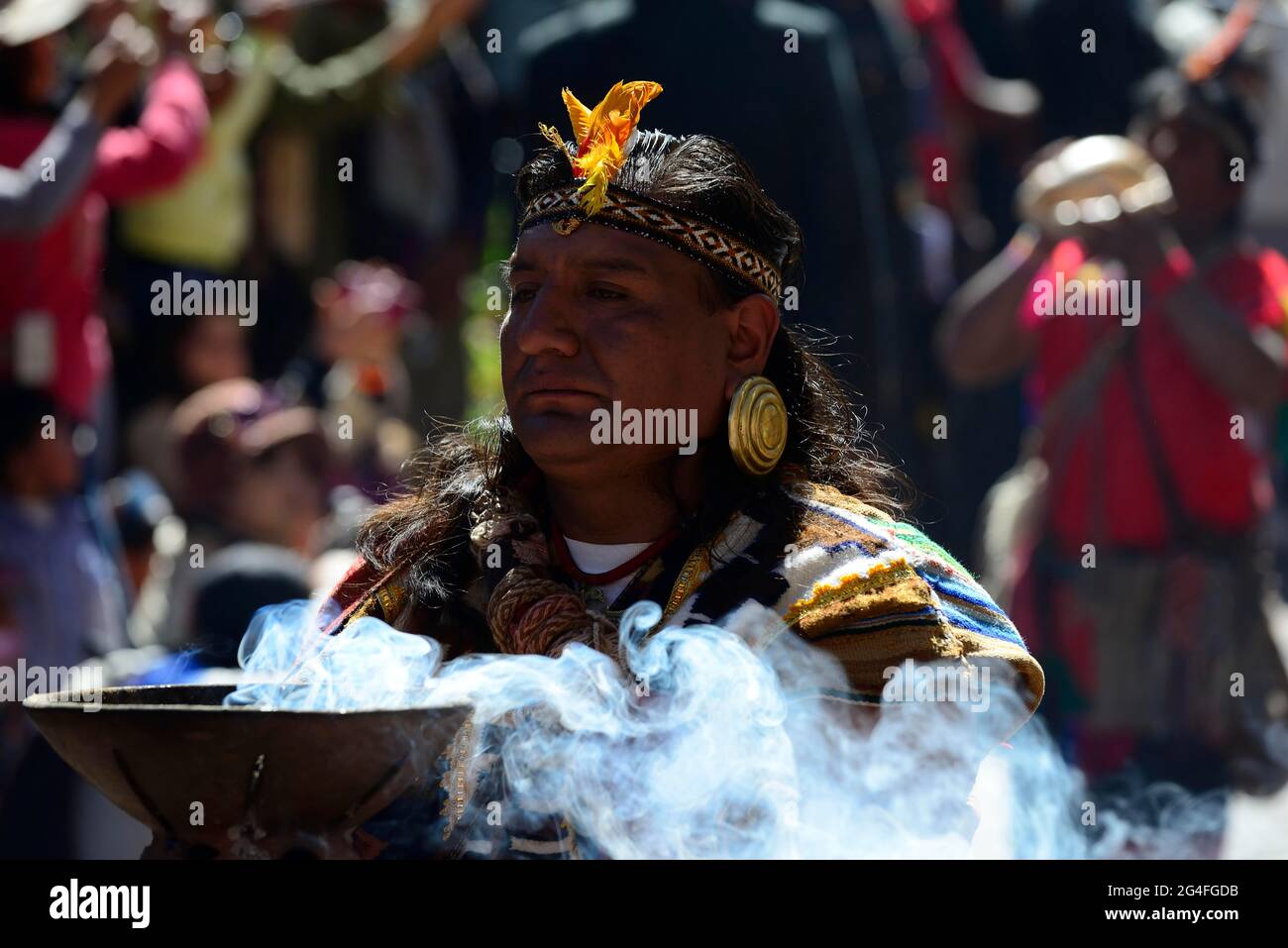 Inti Raymi, festival of the sun, Inca priest with smoking bowl at the ...