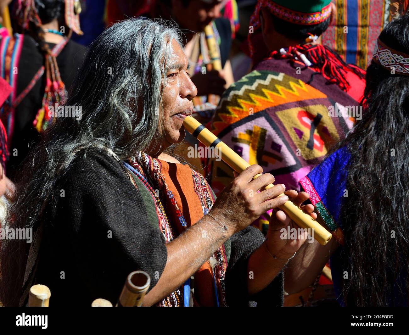 Inti Raymi, Festival of the Sun, flute player at the Inca parade, Cusco ...