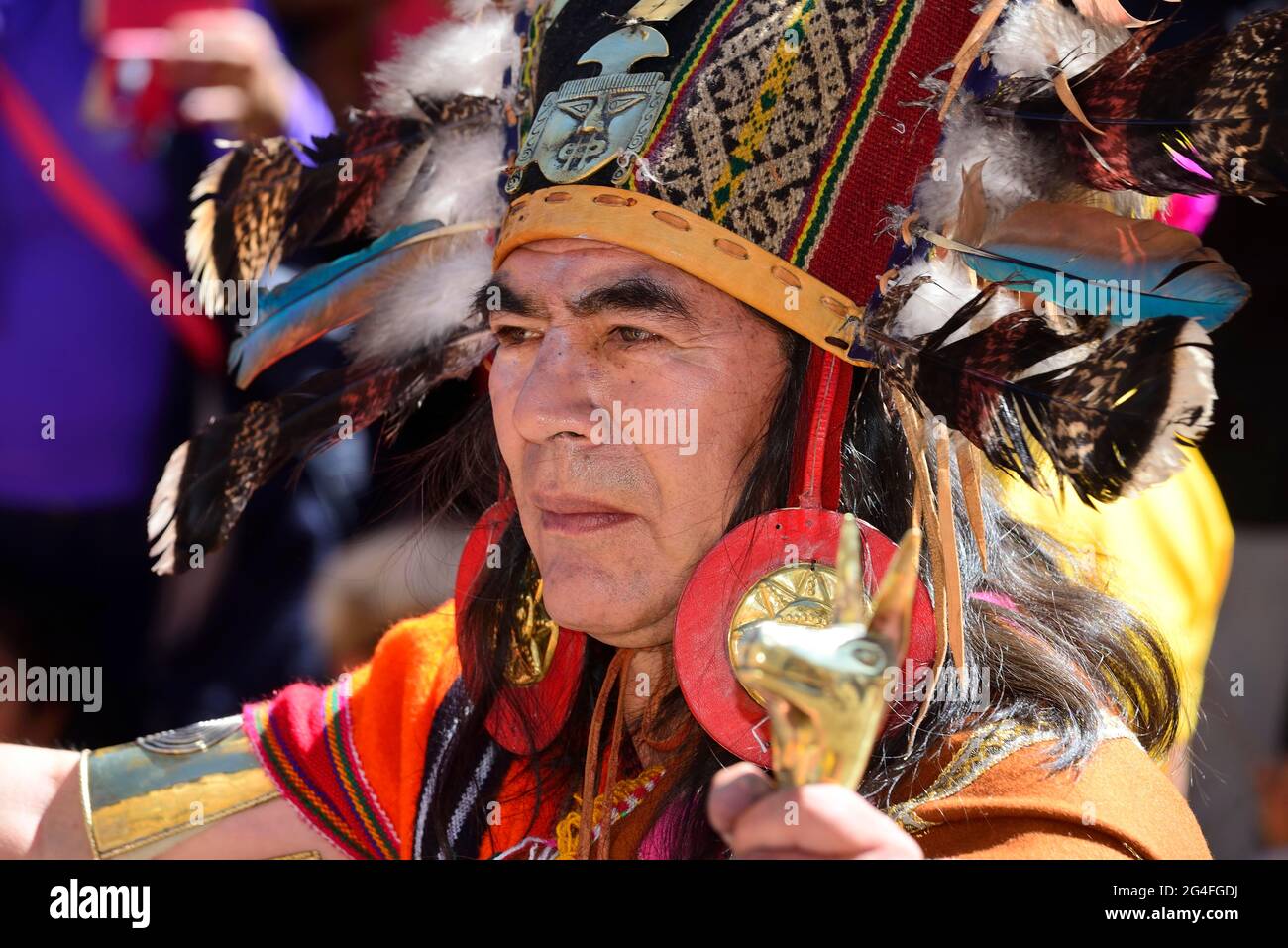 Inti Raymi, Festival of the Sun, Inca priest with feather crown at ...