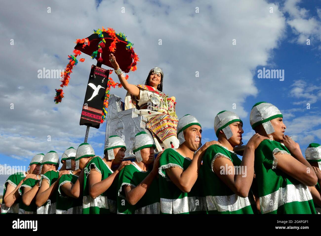 Inti Raymi, Feast of the Sun, palanquin with ruler, ruins of the Inca ...