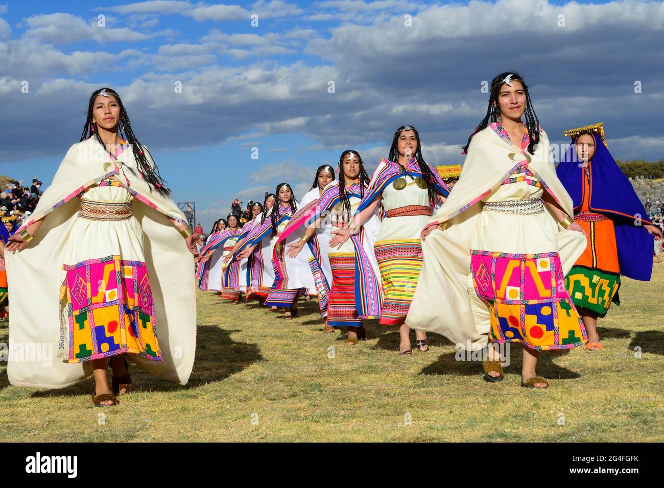 Inti Raymi, Festival of the Sun, dancers in the ruins of the Inca ...