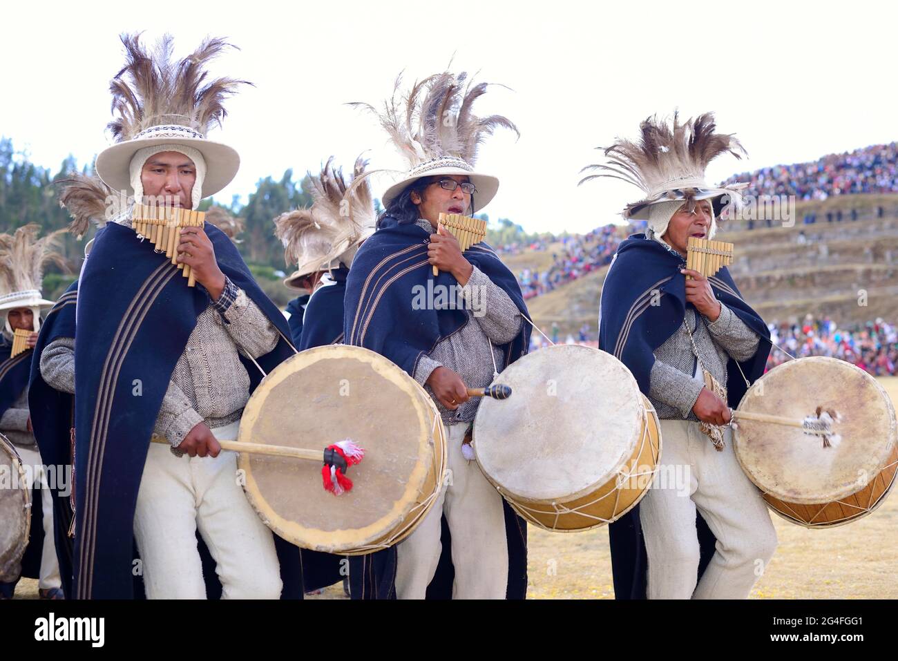 Inti Raymi, festival of the sun, musicians with drums and siku, pan ...