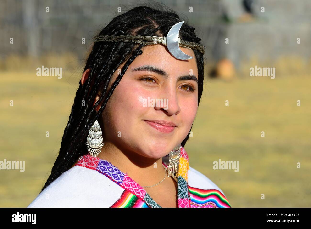 Inti Raymi, Feast of the Sun, young dancer, portrait, ruins of the Inca ...