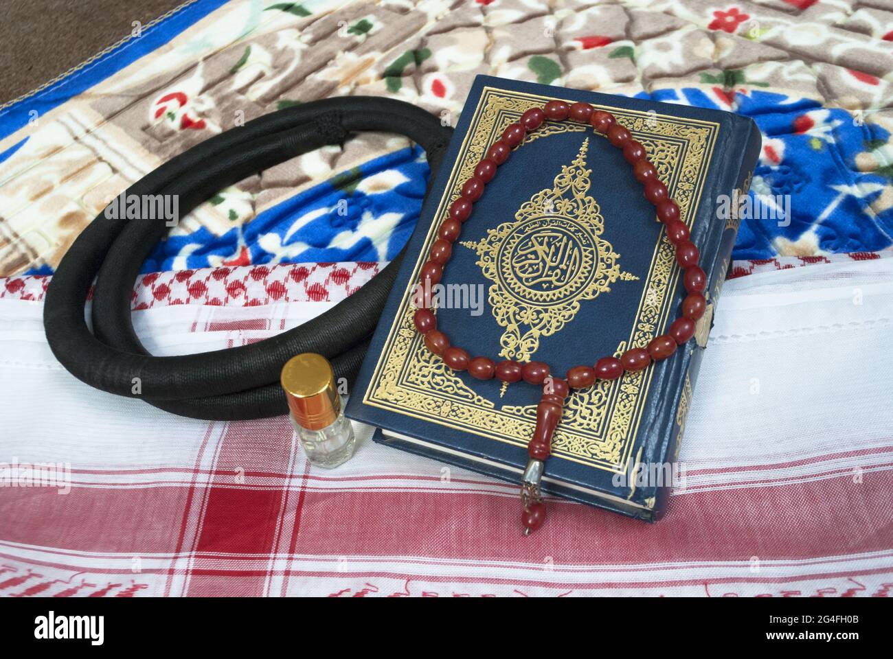 closeup of Islamic offering prayer traditional accessories shemagh agal ...