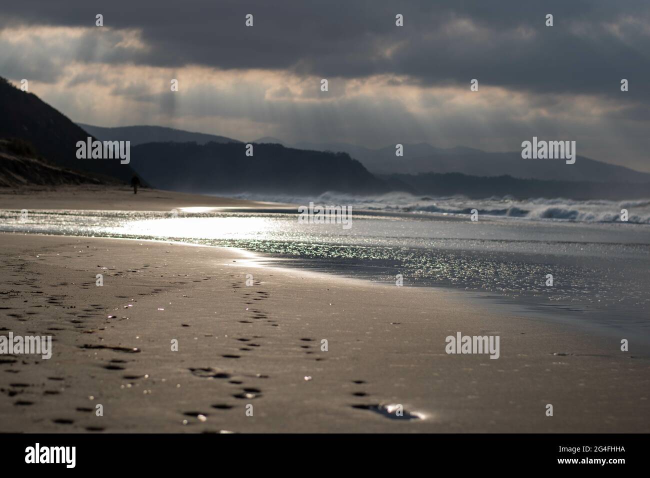 A breathtaking view of the foamy waves washing the sand beach at dawn ...