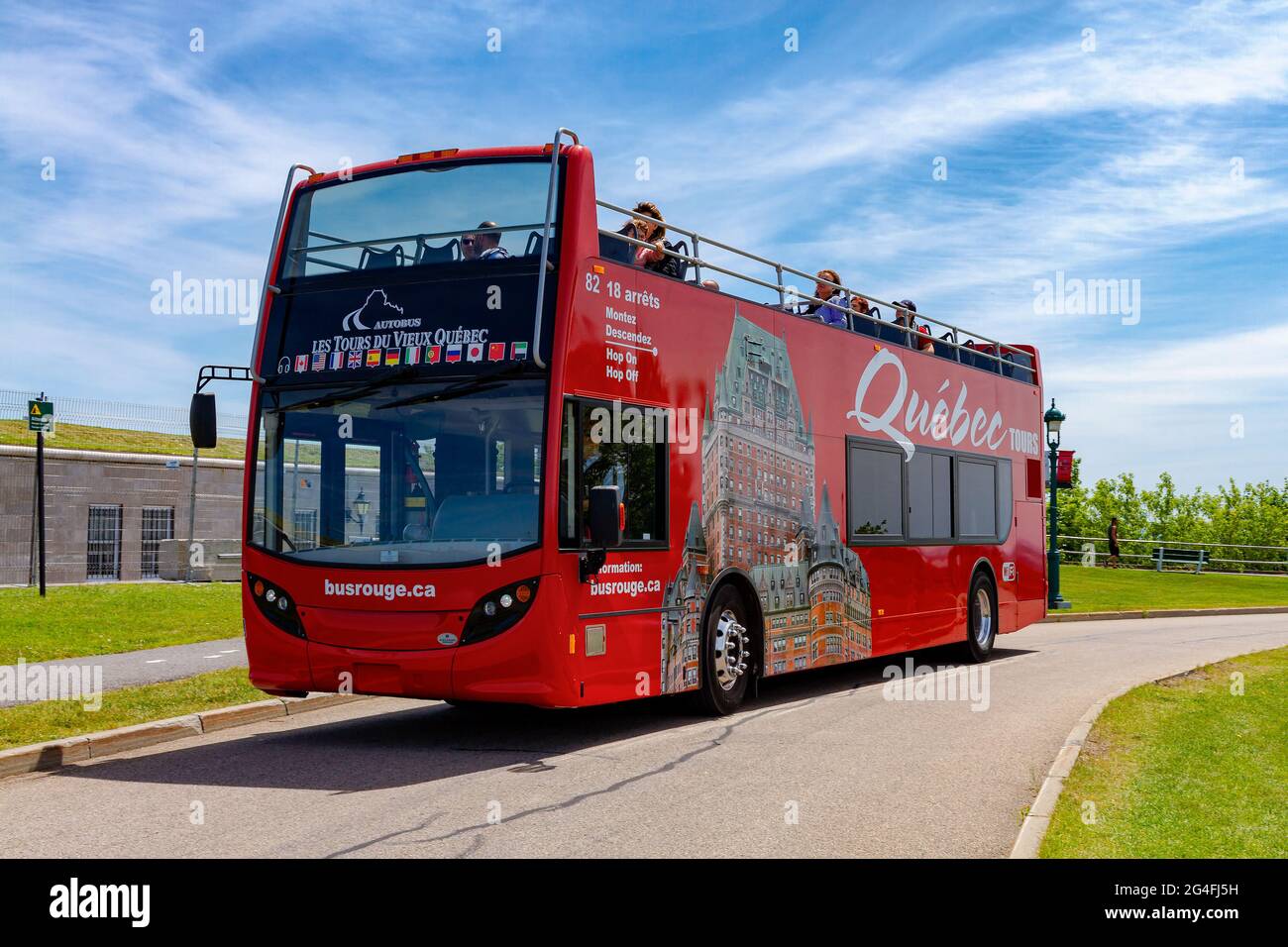 Quebec city, Canada June 27, 2018: Red sightseeing double deck bus, one ...