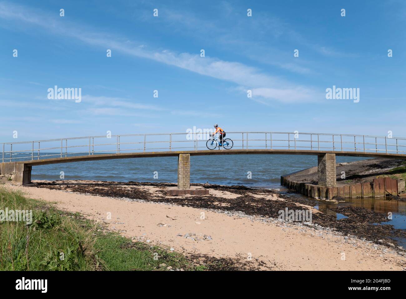 Female cyclist riding over bridge on Northumberland cycleway just south ...
