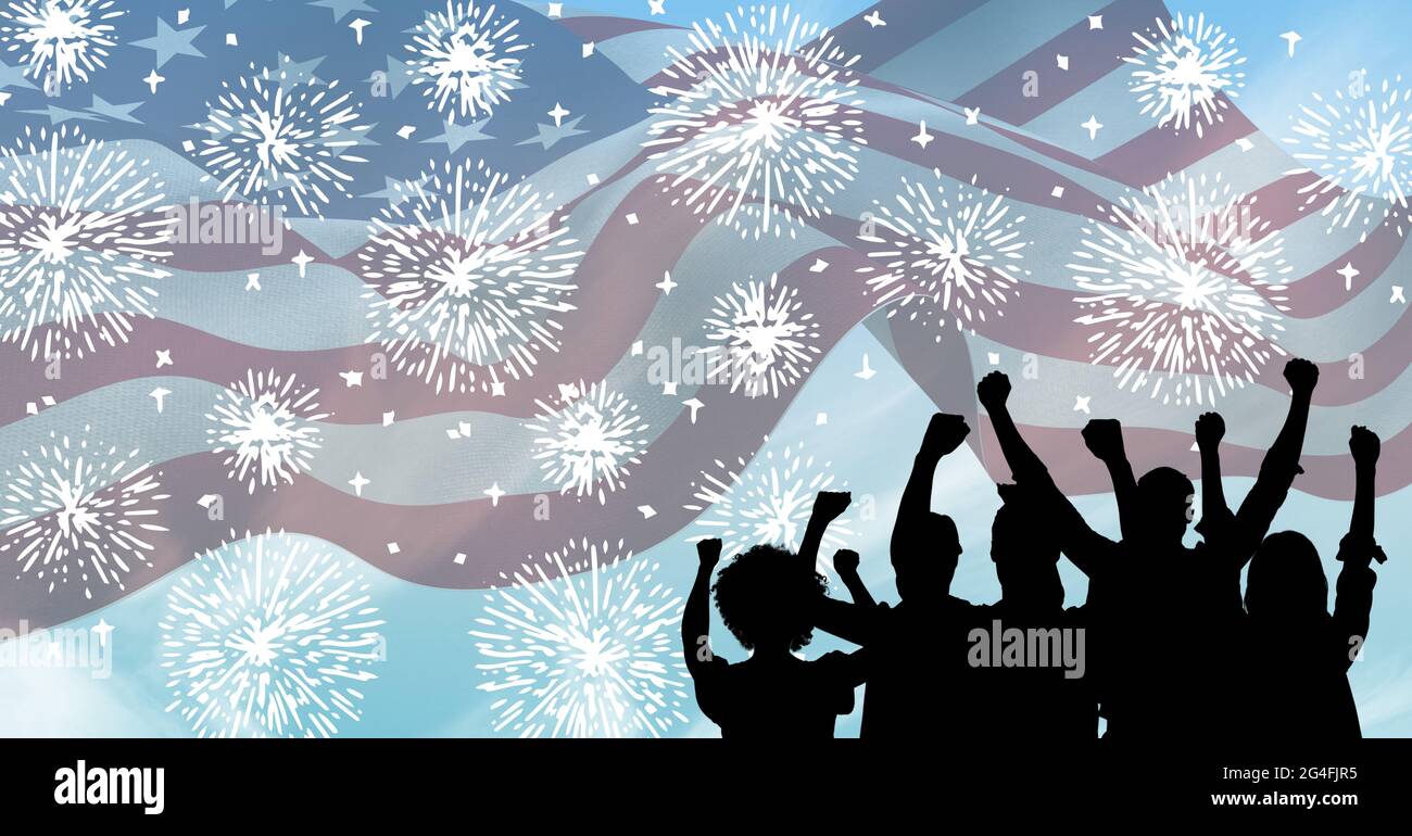 Composition of group of people raising hands over american flag and ...