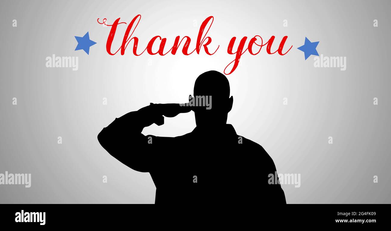 Composition of male soldier saluting over text thank you on white ...