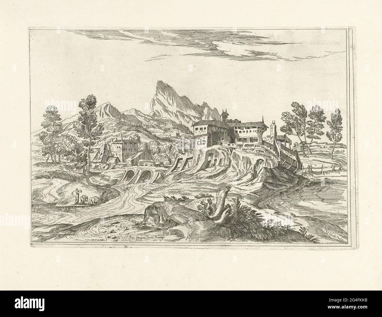 . Mountainous landscape with three wax women on the shore of a river ...