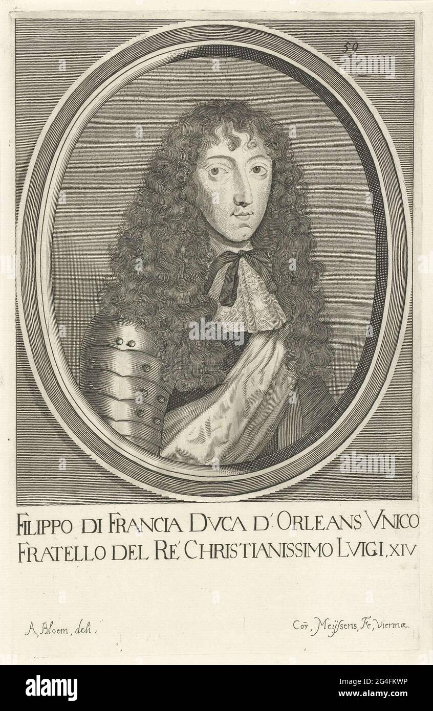 . Portrait of Philip I, Duke of Orleans and brother of King Louis XIV. At the top right numbered ...