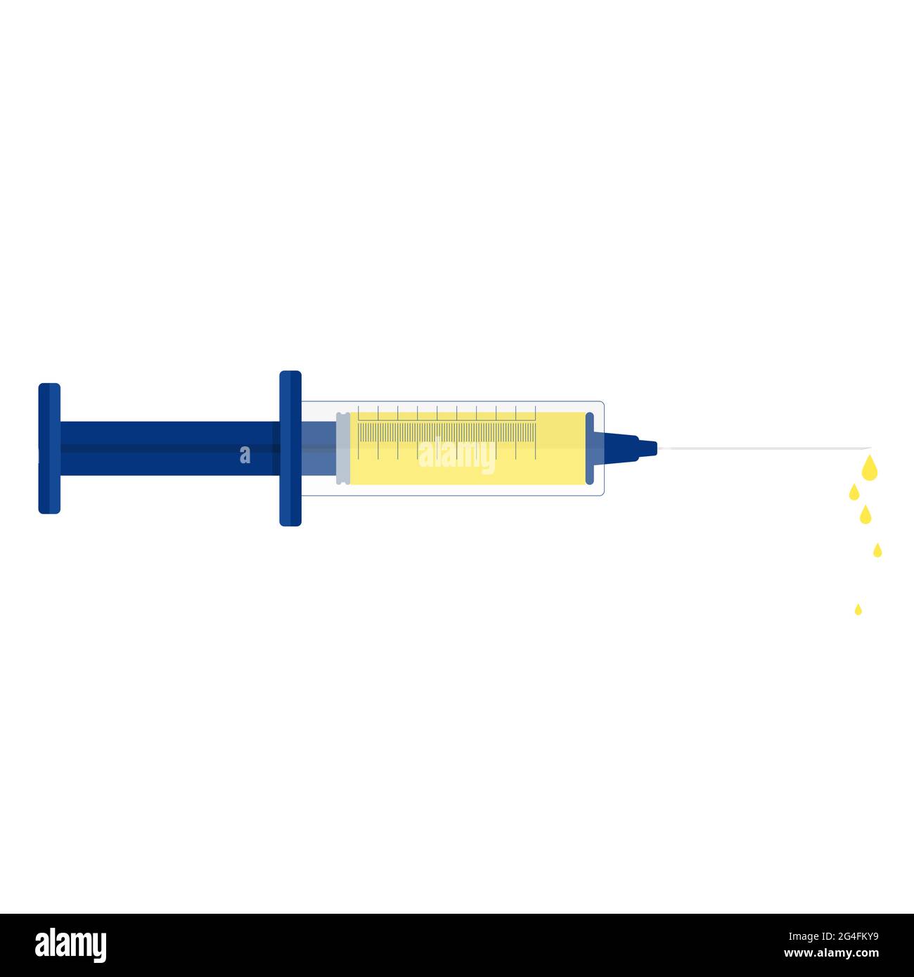 Syringe blue dripping yellow fluid. Isolated on a white background ...