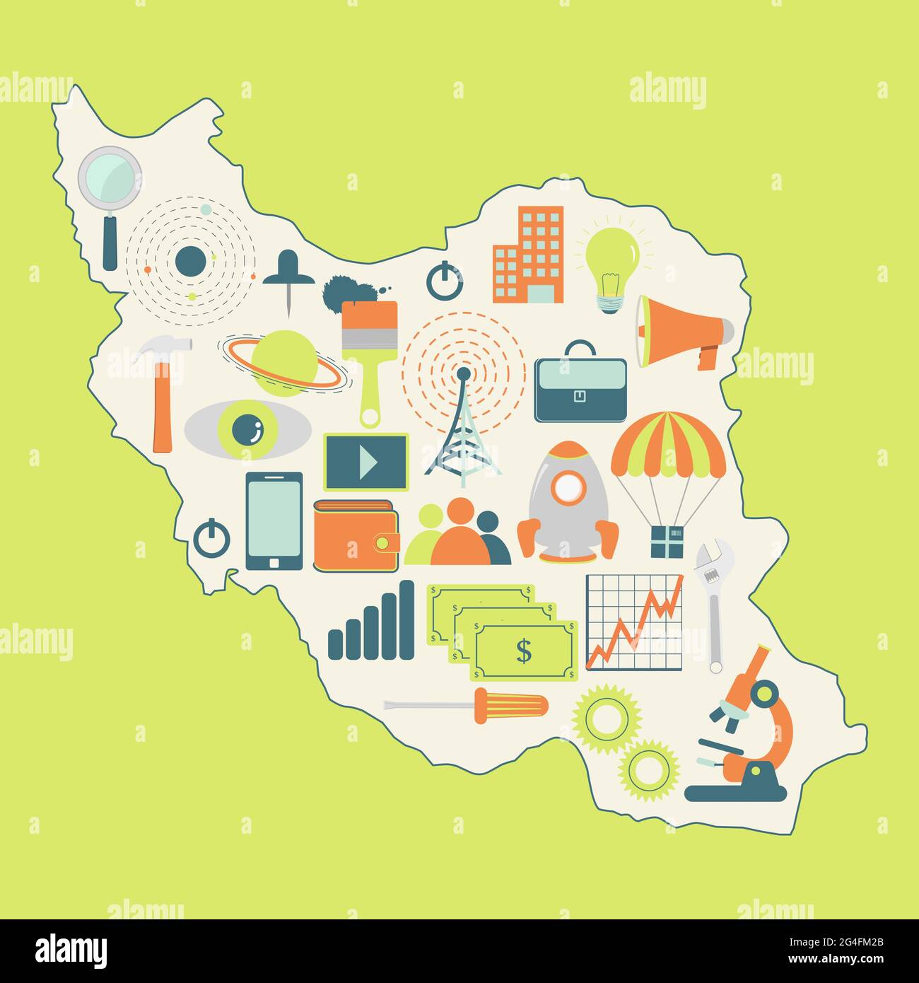 Contour map of Iran with icons of technology, business, science ...