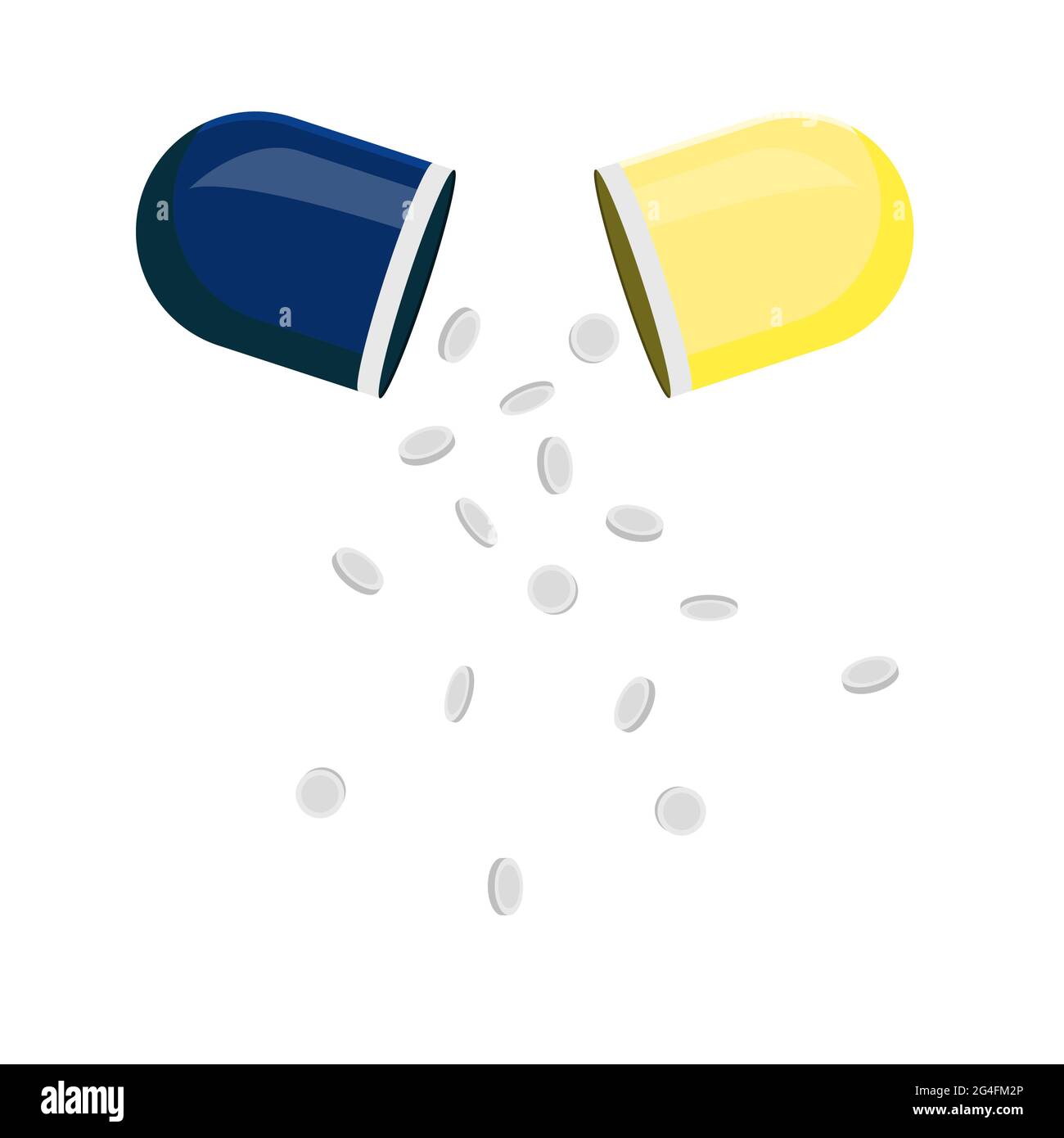 Open pill pouring its contents. Isolated on a white background Stock ...