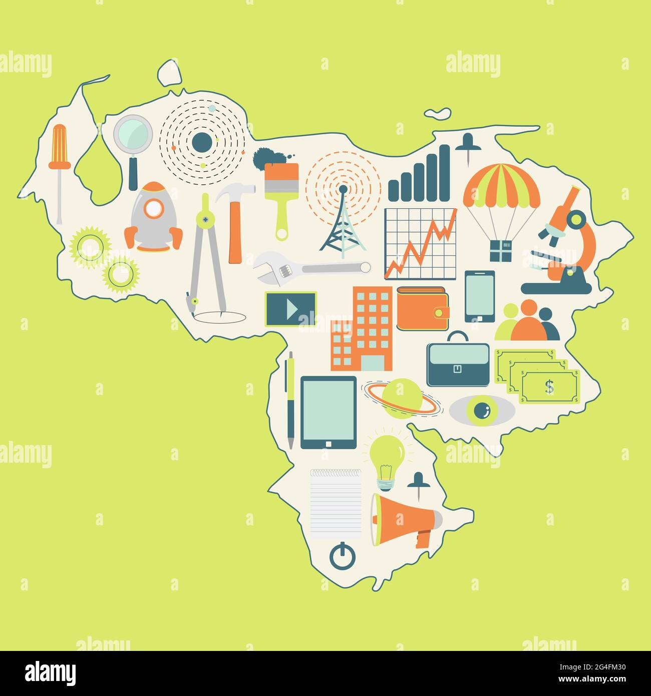 Contour map of Venezuela with icons of technology, business, science ...