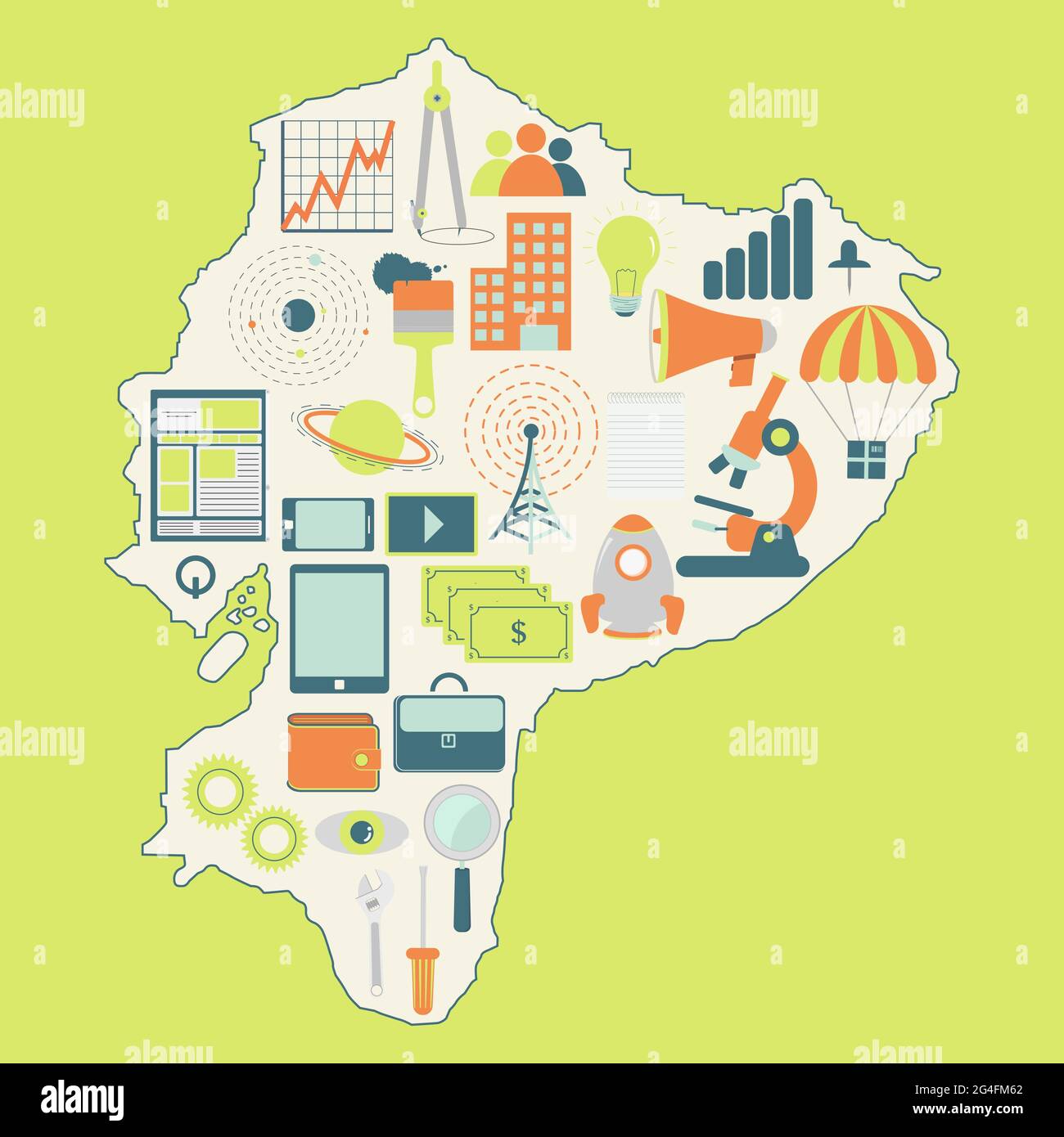 Contour map of Equator with icons of technology, business, science ...