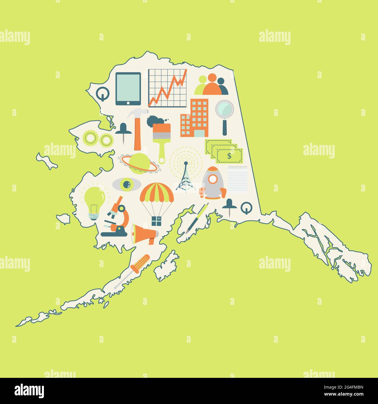 Contour map of Alaska with icons of technology, business, science ...