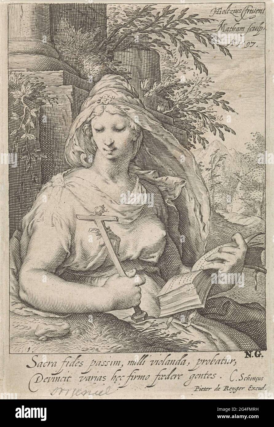 . A women's figure with a crucifix and a Bible in a landscape as a ...