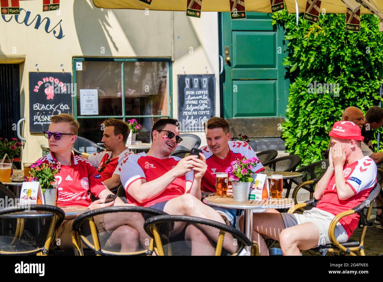 Copenhagen, Denmark. 17th, June 2021. Danish football fans dressed with ...