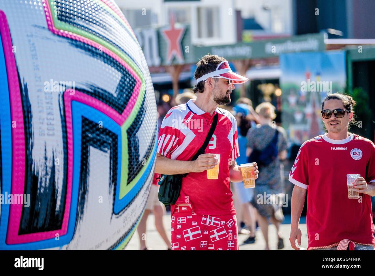 Copenhagen, Denmark. 17th, June 2021. Danish football fans dressed with ...