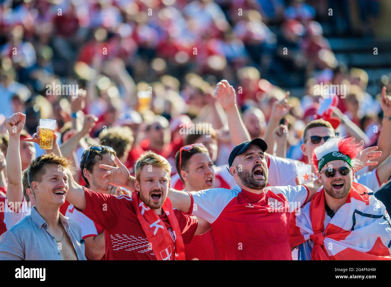 Copenhagen, Denmark. 17th, June 2021. Danish football fans dressed with ...