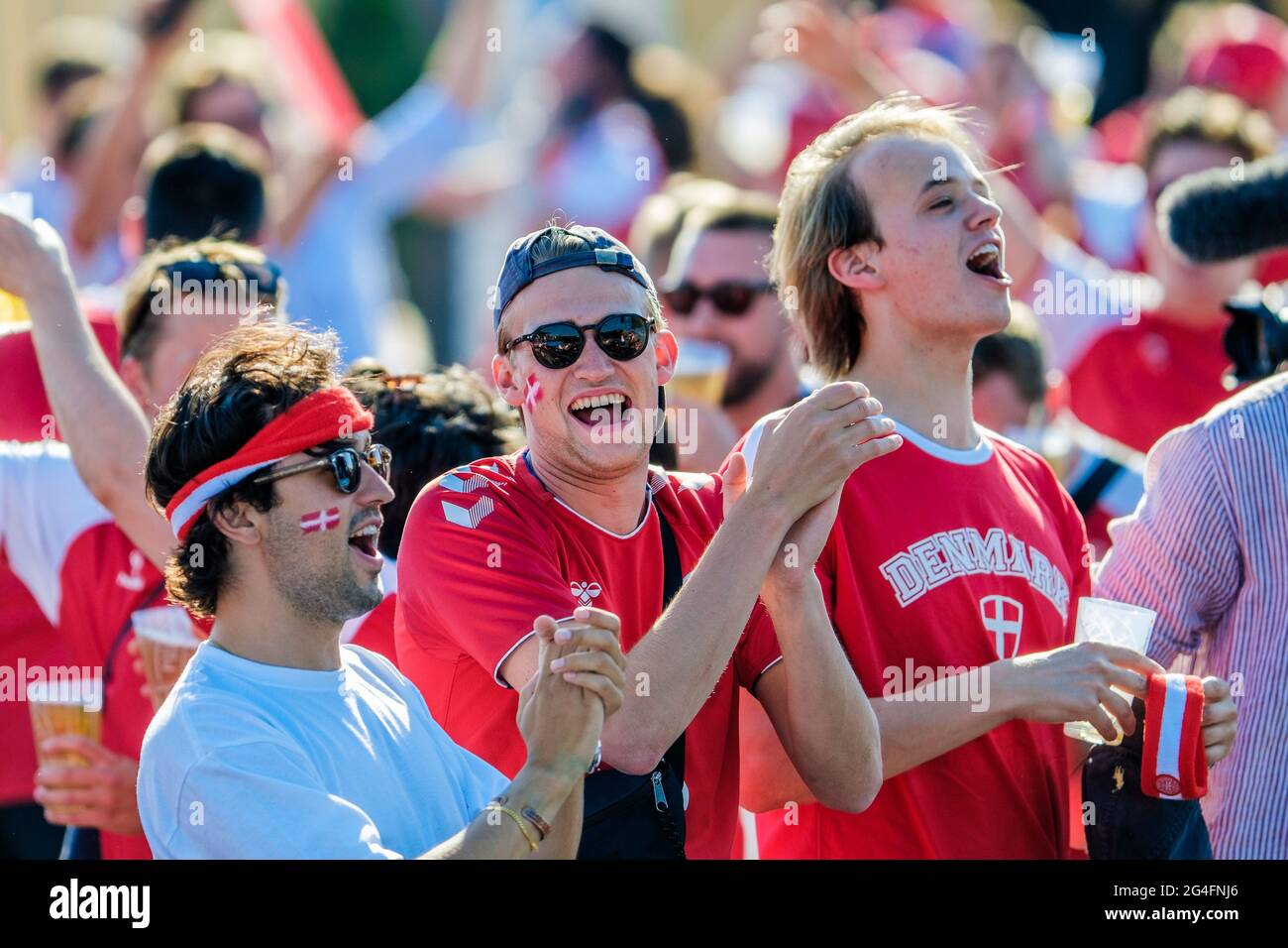 Copenhagen, Denmark. 17th, June 2021. Danish football fans dressed with ...