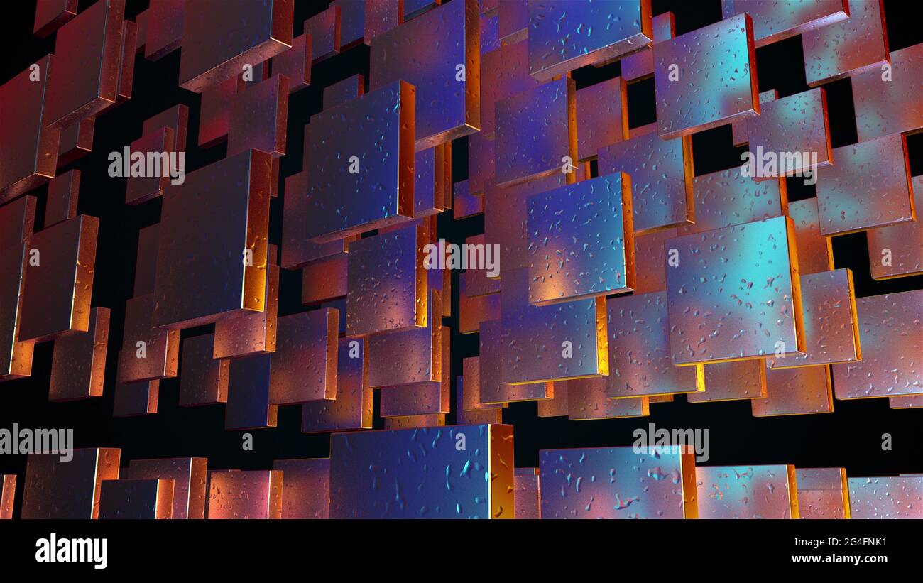 Futuristic 3d render of construction square design tiles hanging in ...