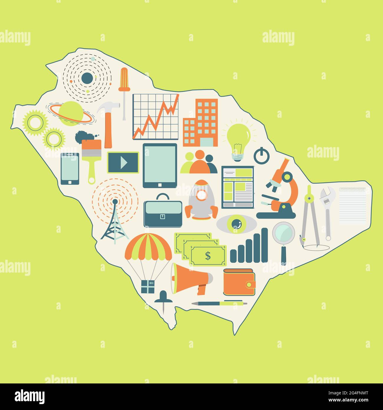 Contour map of Saudi Arabia with icons of technology, business, science ...