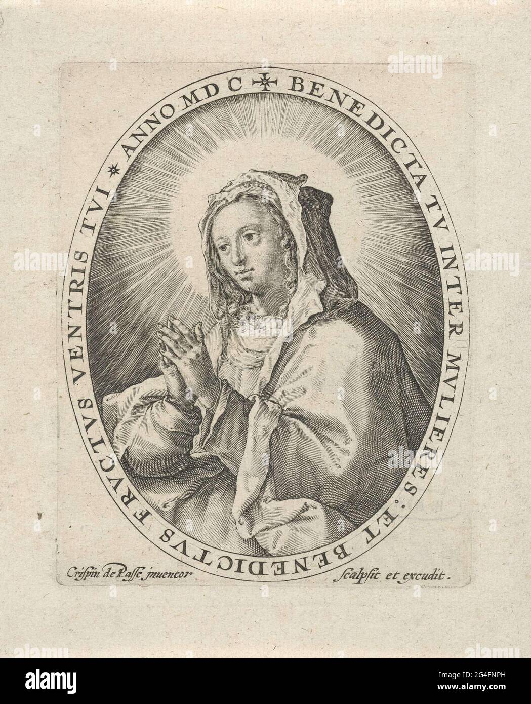. Maria, in prayer. The performance is caught in an oval frame with a ...
