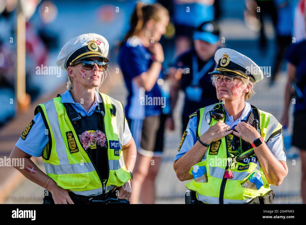 Copenhagen, Denmark. 17th, June 2021. Danish police officers have red ...