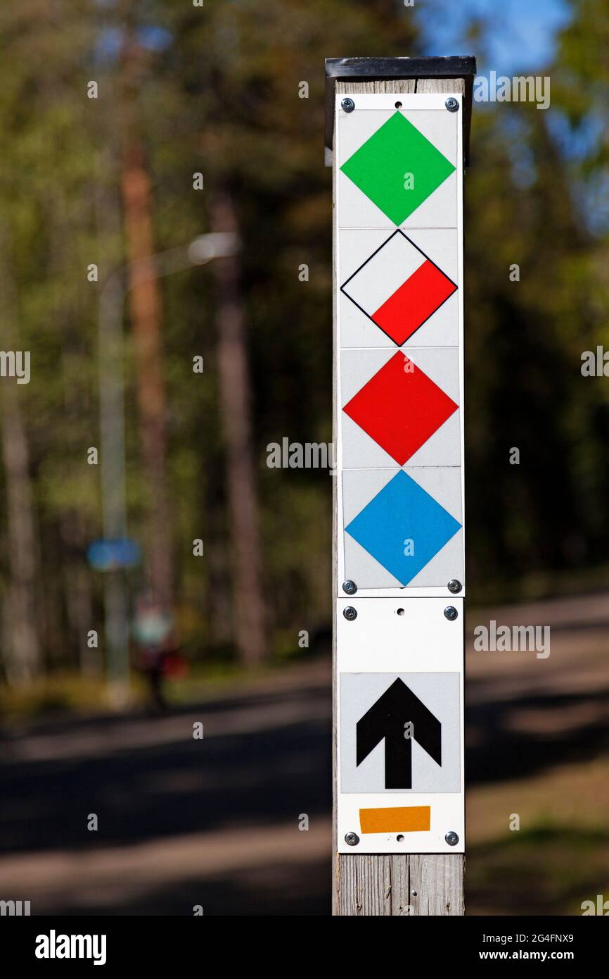 post indicating different track lengths for running Stock Photo - Alamy