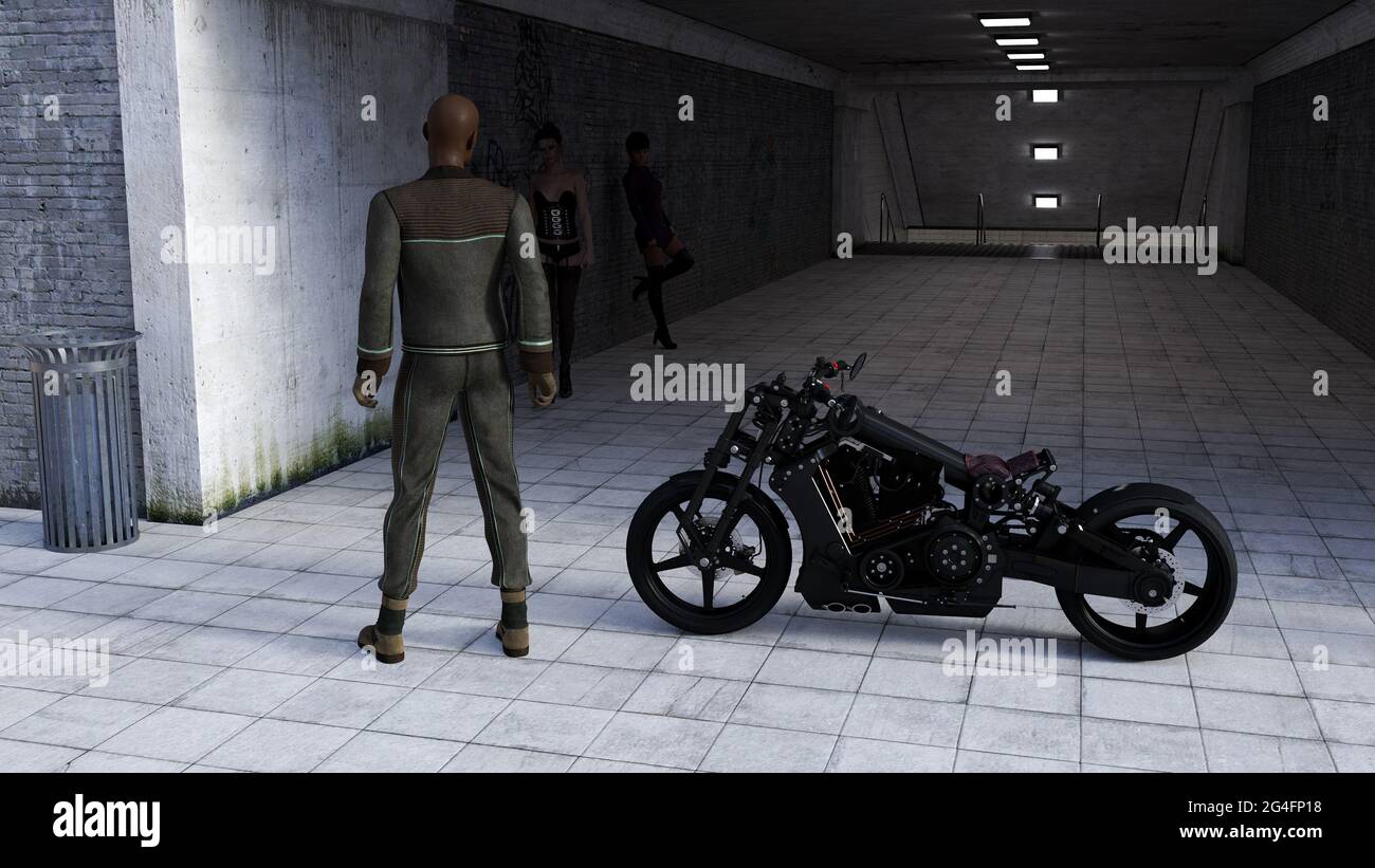 3d illustration of a man next to a motorcycle looking back at two women ...