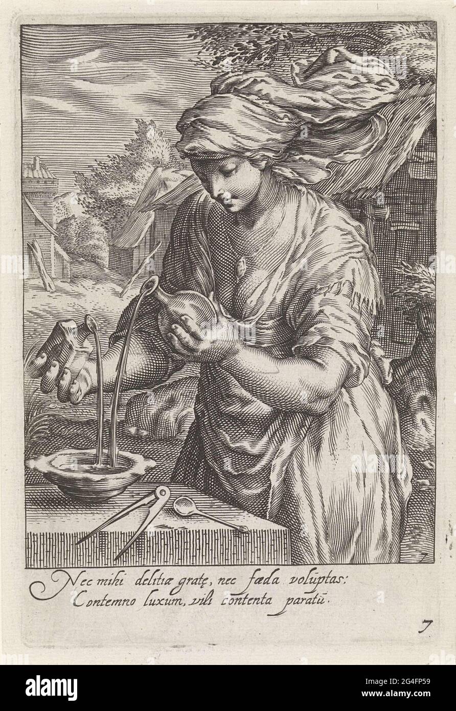 . A women's figure that mixes two liquids from two different bottles in ...