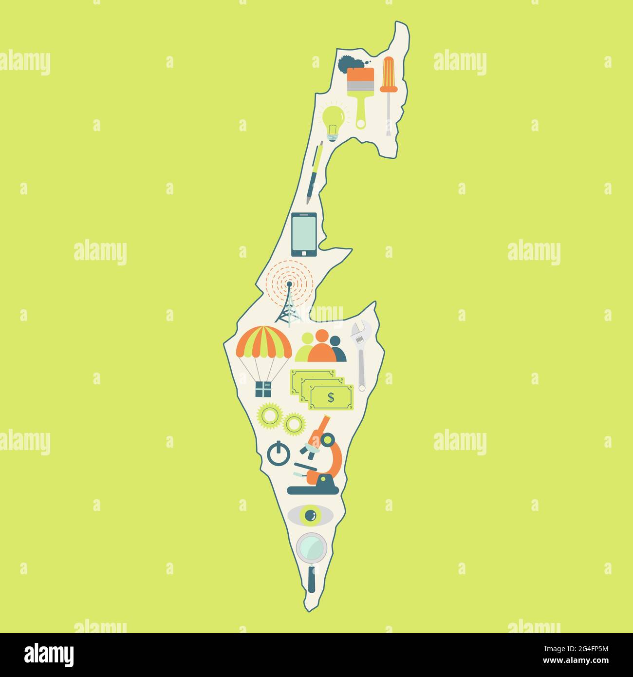 Contour map of Israel with icons of technology, business, science ...