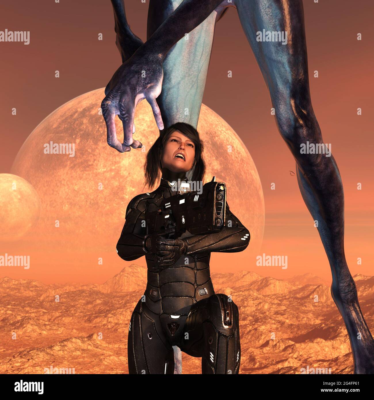 3d illustration of a futuristic female soldier kneeling in terror as an ...